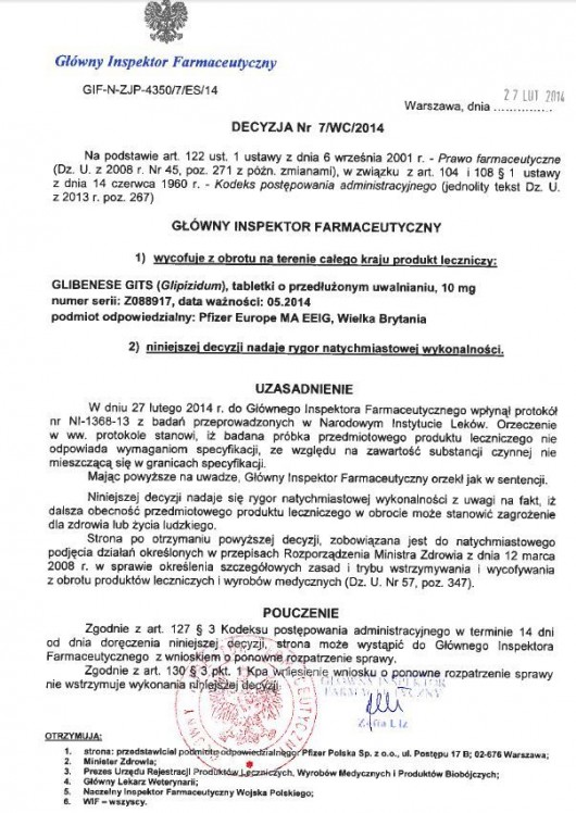 Oświadczenie ws. wycofania leku/Główny Inspektor Farmaceutyczny